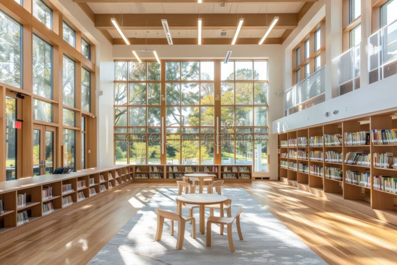 Quiet Library Interior with a Reading Area, Surrounded by Bookshelves ...