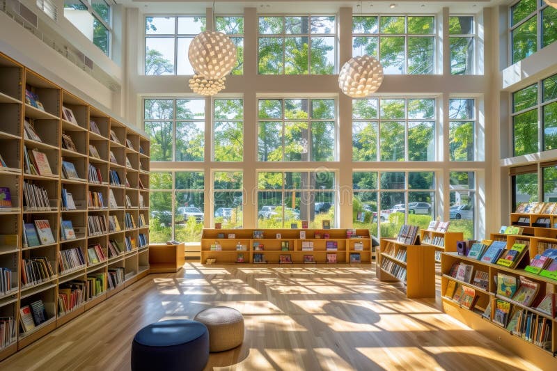 Quiet Library Interior with a Reading Area, Surrounded by Bookshelves ...