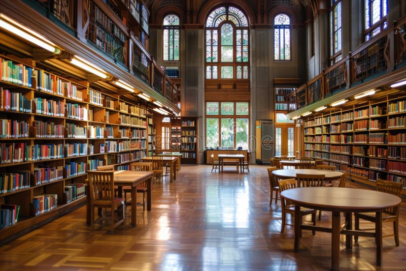 Quiet Library Interior with a Reading Area, Surrounded by Bookshelves ...