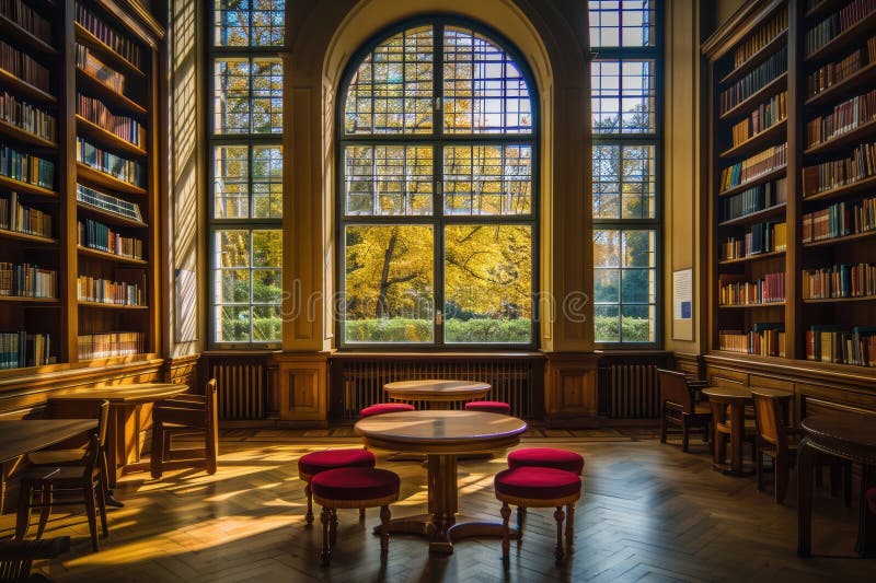 Quiet Library Interior with a Reading Area, Surrounded by Bookshelves ...