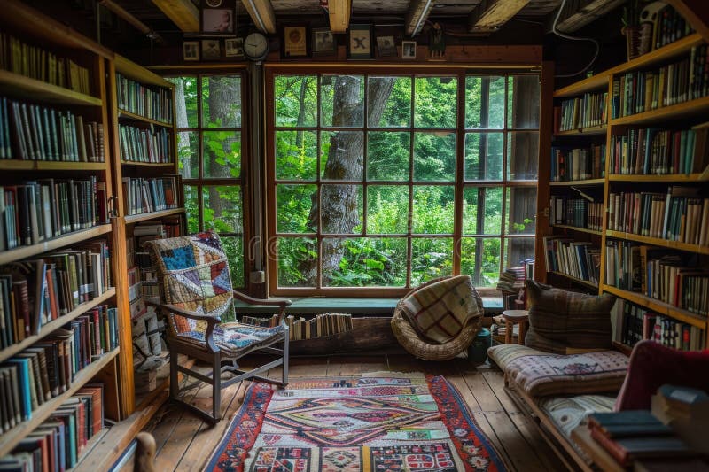 Quiet Library Interior with a Reading Area, Surrounded by Bookshelves ...