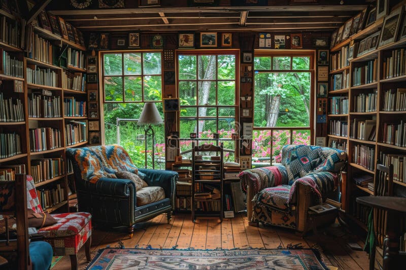Quiet Library Interior with a Reading Area, Surrounded by Bookshelves ...