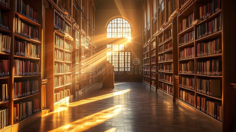 A Quiet Library with Towering Bookshelves and Beams of Sunlight Pic ...
