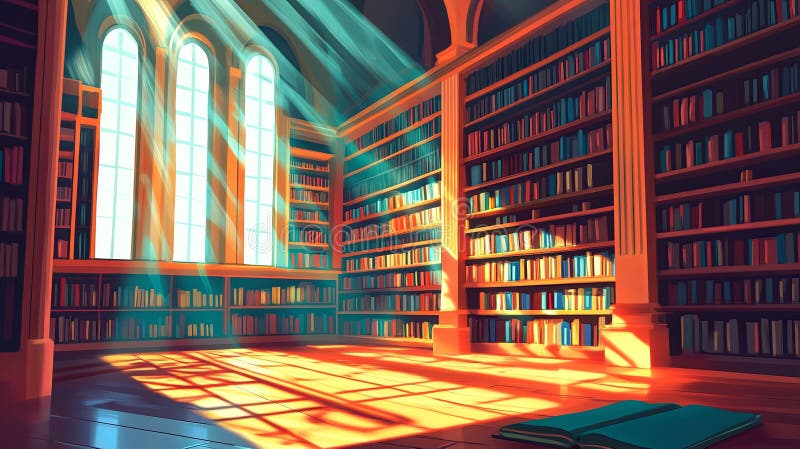 A Quiet Library with Towering Bookshelves and Beams of Sunlight Pic ...