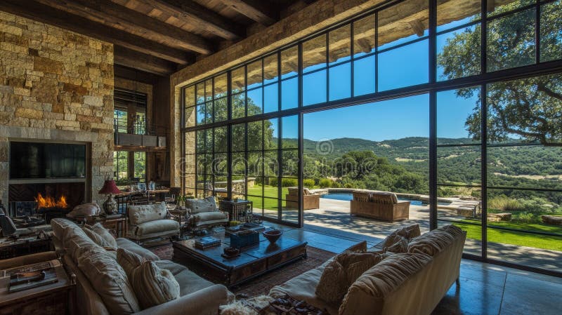Quiet Living Room with Big Windows and Revealed Beams Stock Image ...