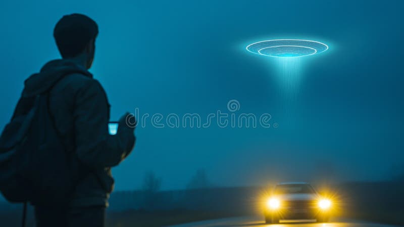 Lone Driver Pulled Over on a Dark Highway at Night, Captivated by a UFO ...