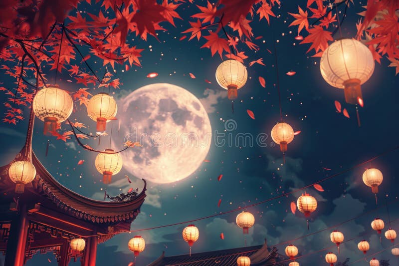 A Quiet Night Scene with Lanterns Lit and a Full Moon Shining Bright ...