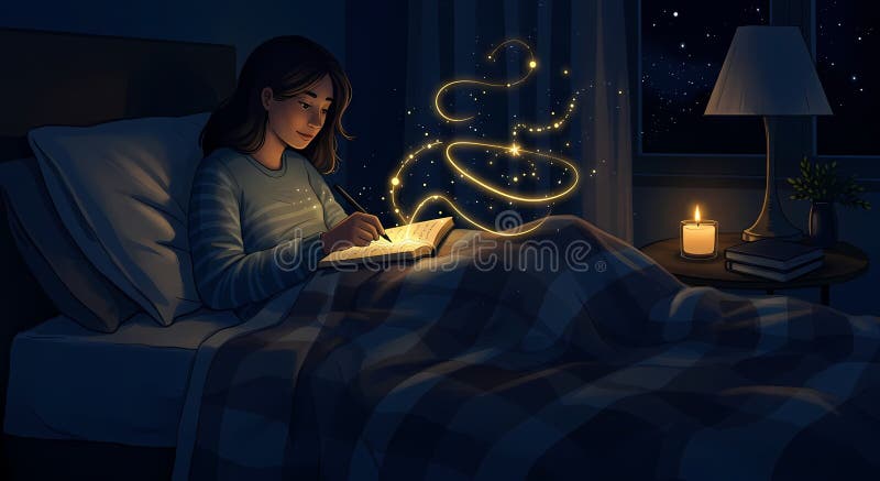 Thoughtful Nighttime Journaling Scene with Glowing Light Trails and ...