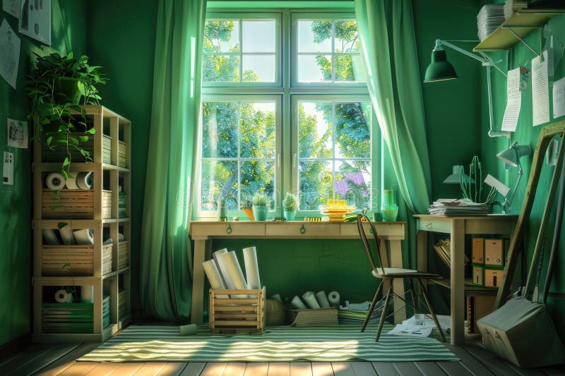 A Quiet Office Room with a Desk and a Window Stock Image - Image of ...