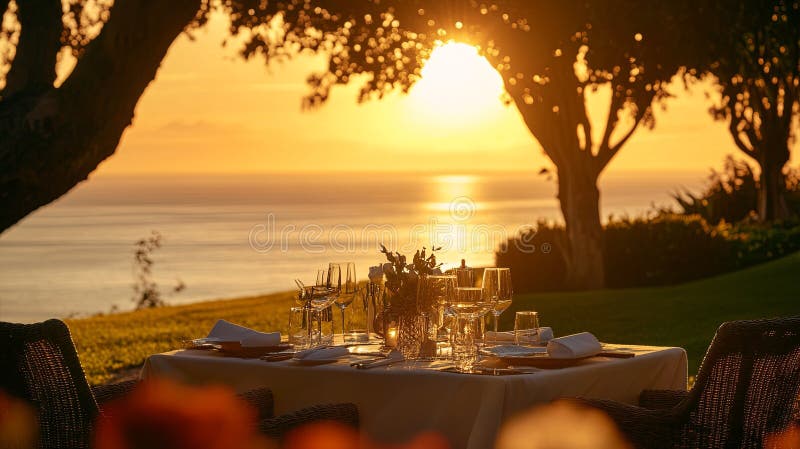 Quiet Outdoor Meal with Sunset View and Elegant Settings.. Stock Photo ...