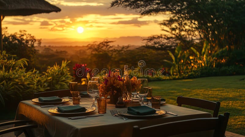 Quiet Outdoor Meal with Sunset View and Elegant Settings.. Stock Photo ...
