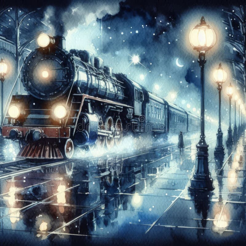Night Arrival with Steam and Rain Stock Illustration - Illustration of ...