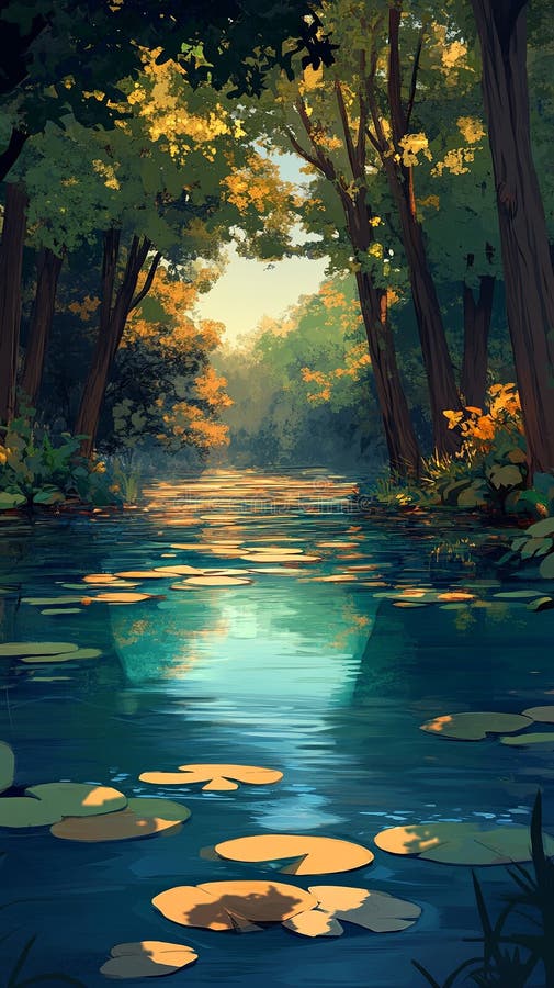 A Quiet Pond Surrounded by Trees and Lily Pads Floating on the Surface Stock Photo - Image of ...