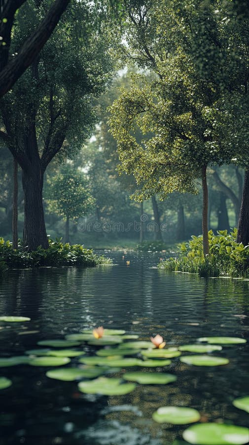 A Quiet Pond Surrounded by Trees and Lily Pads Floating on the Surface Stock Image - Image of ...