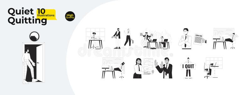 Quiet Quitting Black and White Cartoon Flat Illustration Bundle Stock ...