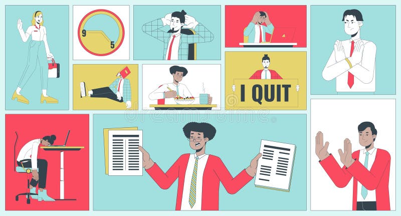 Quiet Quitting Trend at Workplace Bento Grid Illustration Set Stock ...