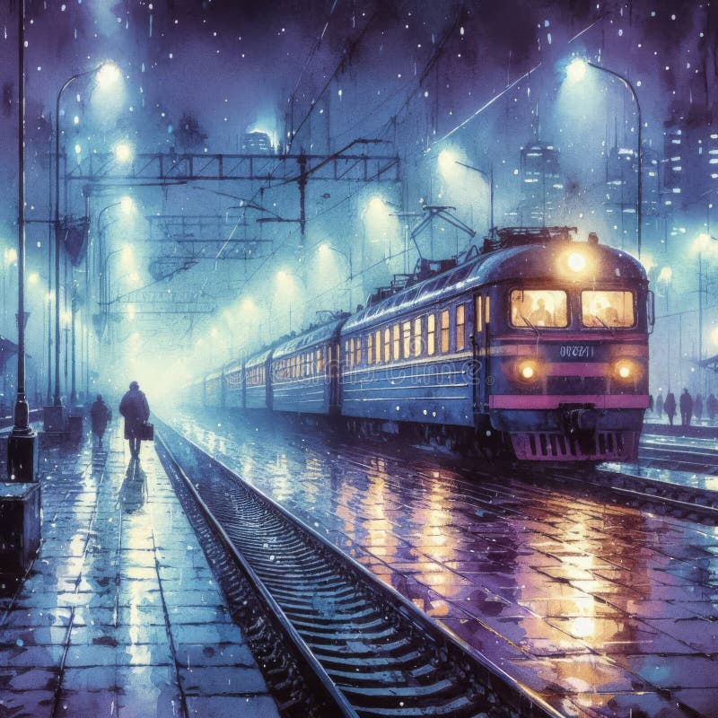 City Station in Rainy Dusk stock illustration. Illustration of night ...