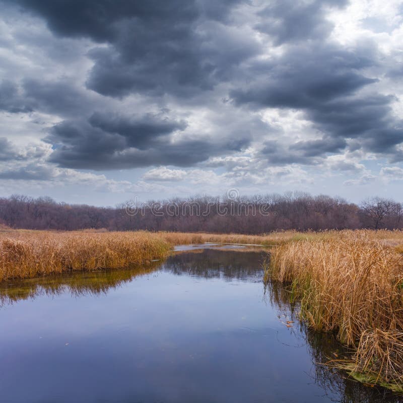 Quiet River Under Dark Dense Cloudy Sky Stock Image - Image of water ...