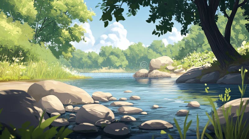 A Quiet Riverside Scene with Clear Water, Smooth Pebbles, and Trees ...