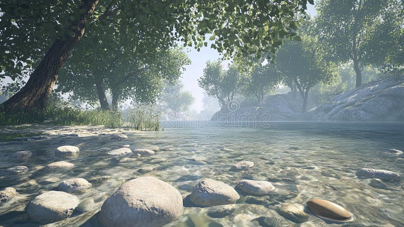 Quiet Riverside Scene Clear Water Smooth Pebbles Trees Stock Photos ...