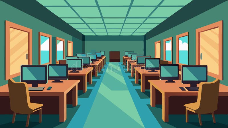 A Quiet Room with Rows of Desks and Computers Equipped with Internet ...
