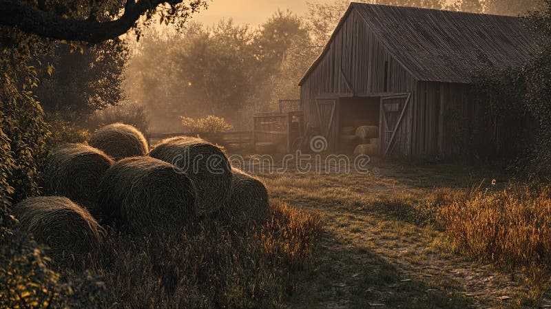 A Quiet, Rustic Farmyard Scene with Hay Bales and a Barn, Soft Morning ...