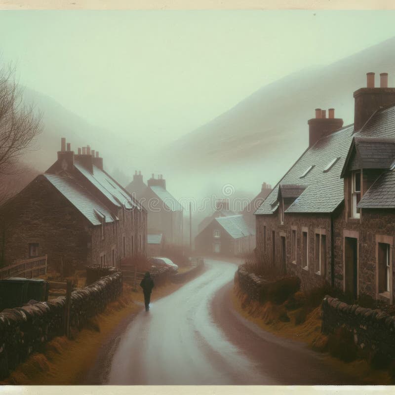 A Quiet Scottish Hamlet in the Mist Stock Illustration - Illustration ...