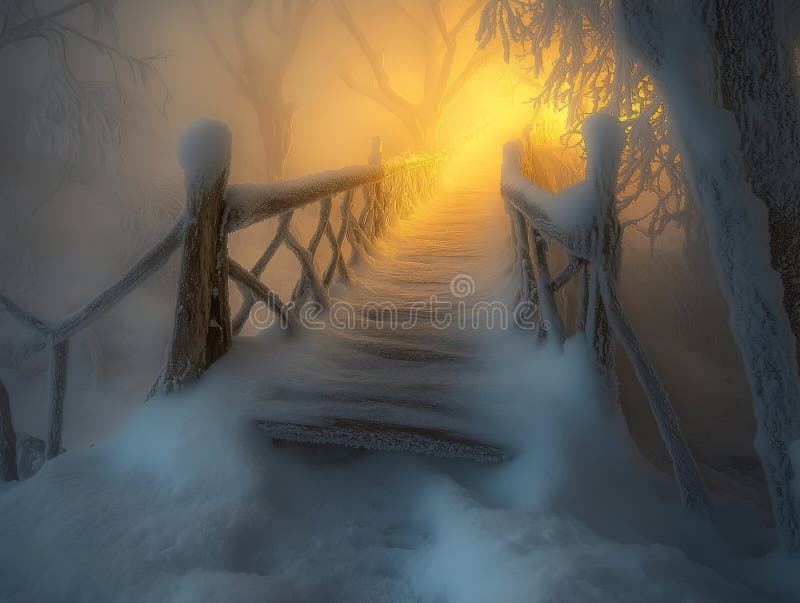 A Quiet, Snow-blanketed Bridge in the Heart of a Winter Forest As Dusk ...