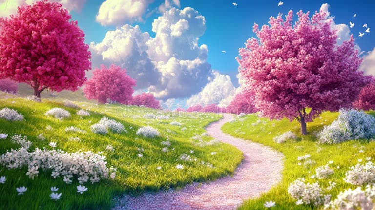 A Quiet Spring Path Twisting through an Orchard Bursting with Blossoms ...