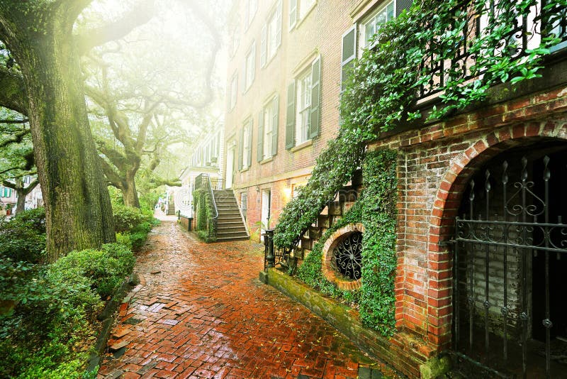Quiet Street after Rain in the Savannah Historic District Stock Photo ...