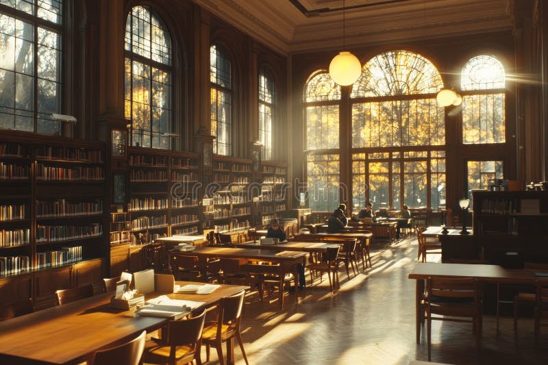 Quiet Students Immerse Themselves in Books within a Sunlit Library ...