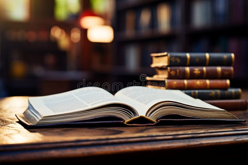 Quiet Study an Open Book Set on a Library Table Stock Illustration ...