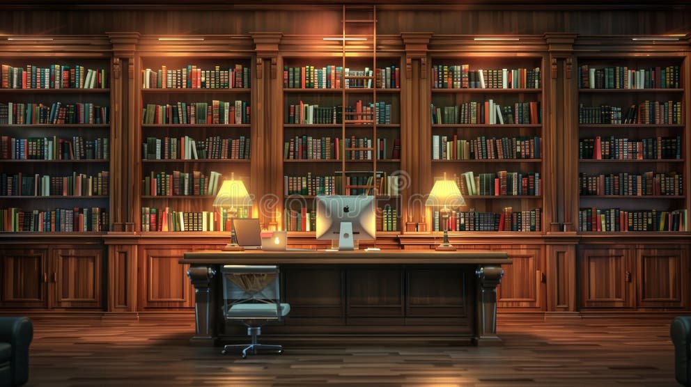 A Quiet Study Space with a Desk, Computer, and Bookshelves, Perfect for ...