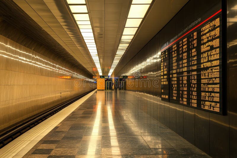 Quiet Subway Platform with Digital Schedule Board in Modern Urban ...