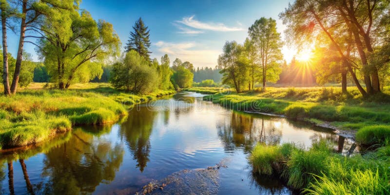 Quiet Summer River Flowing through Forest in Sunlight Stock ...