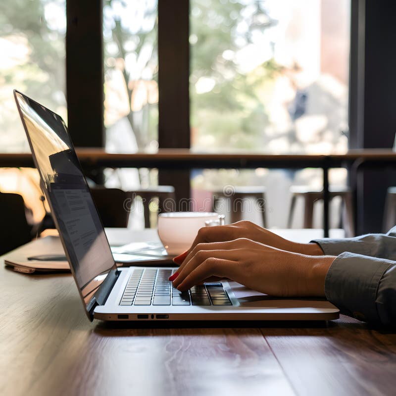 Quiet, Sunlit Workspace with Hands Typing on Laptop in Cozy Cafe ...