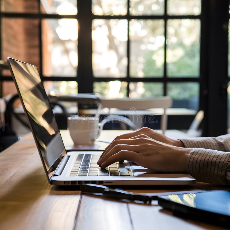 Quiet, Sunlit Workspace with Hands Typing on Laptop in Cozy Cafe ...