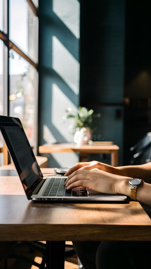Quiet, Sunlit Workspace with Hands Typing on Laptop in Cozy Cafe ...