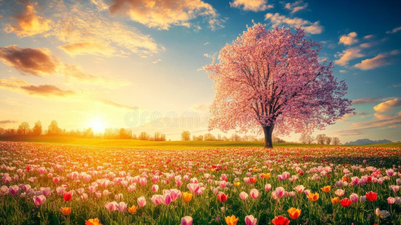 Quiet Sunrise Over a Dynamic Spring Meadow with Blooming Trees Stock ...