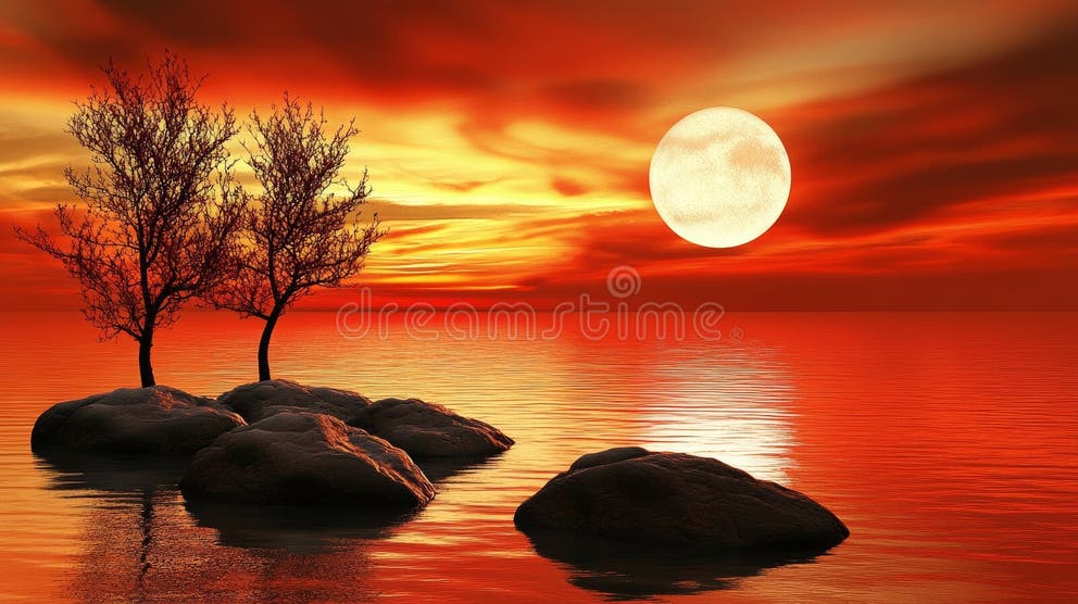 A Quiet Sunset with Two Black-outlined Trees by the Water S Edge Stock ...