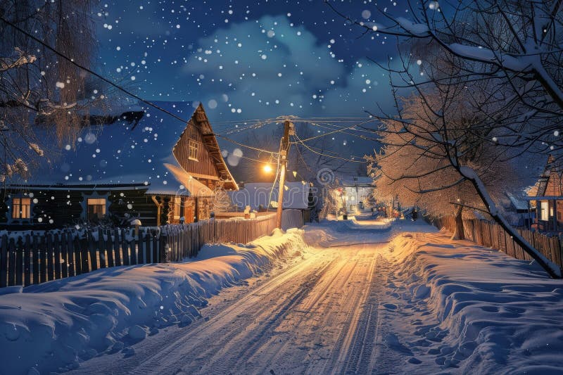 A Quiet Ukrainian Winter Village Under a Starry Night Sky Stock Image ...