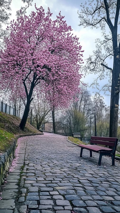 A Quiet Urban Park with a Single Tree in Full Bloom Near a Cobblestone ...
