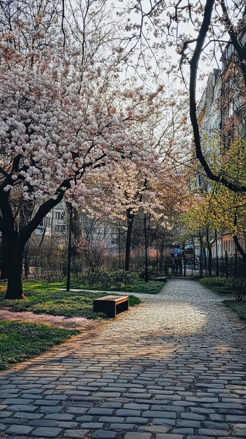 A Quiet Urban Park with a Single Tree in Full Bloom Near a Cobblestone ...