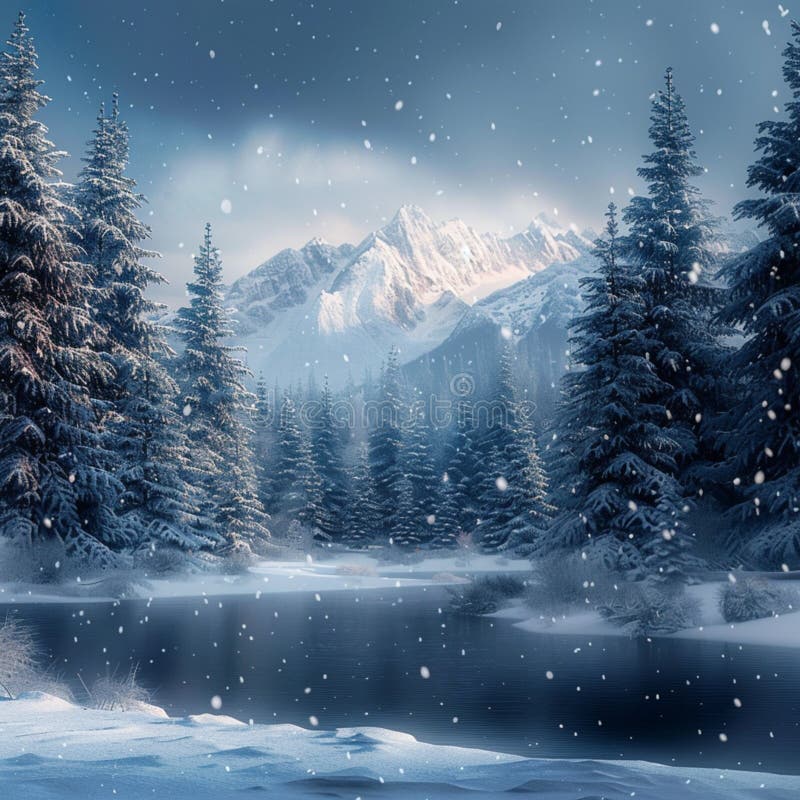 Quiet Winter Scene Snowfall Over an Alpine Forest with Text Space Stock ...