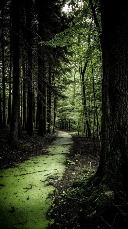 Quiet Woodland Passage with Vertical Trees and Sunlight Filtering ...