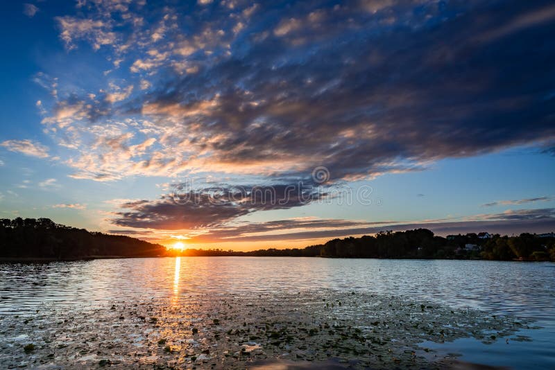 Quietly Dusk at Lake with Dynamic Clouds in Summer Stock Photo - Image ...