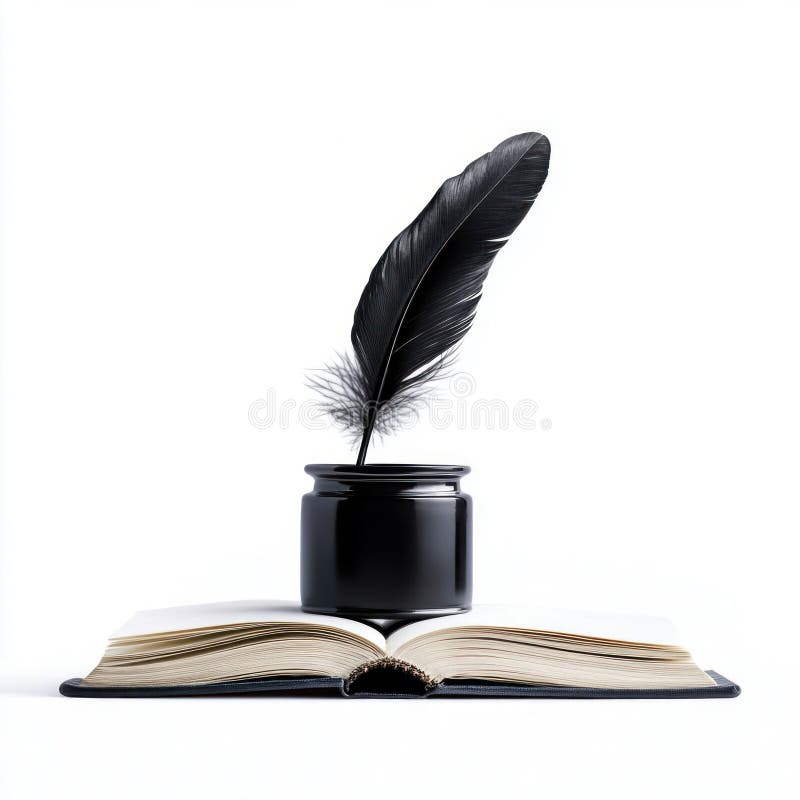 Quill and Ink Bottle with an Open Book on White Background Stock ...