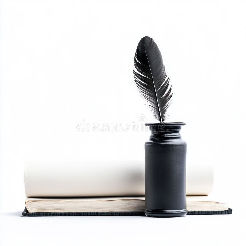 Quill and Ink Bottle with an Open Book on White Background Stock ...