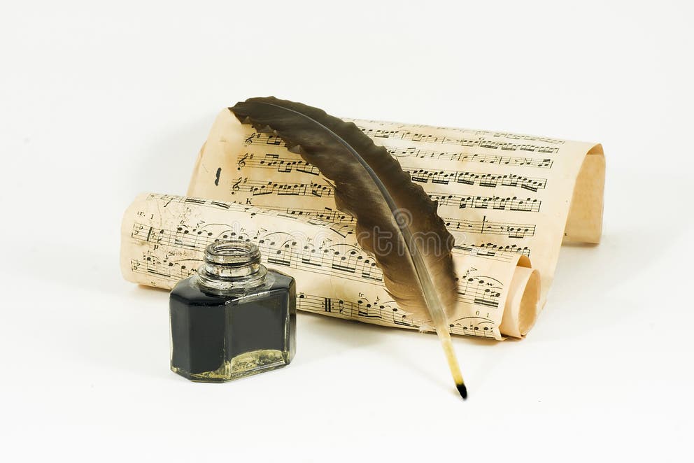Quill, the Inkwell and the Scroll with Musical Notation Stock Photo ...