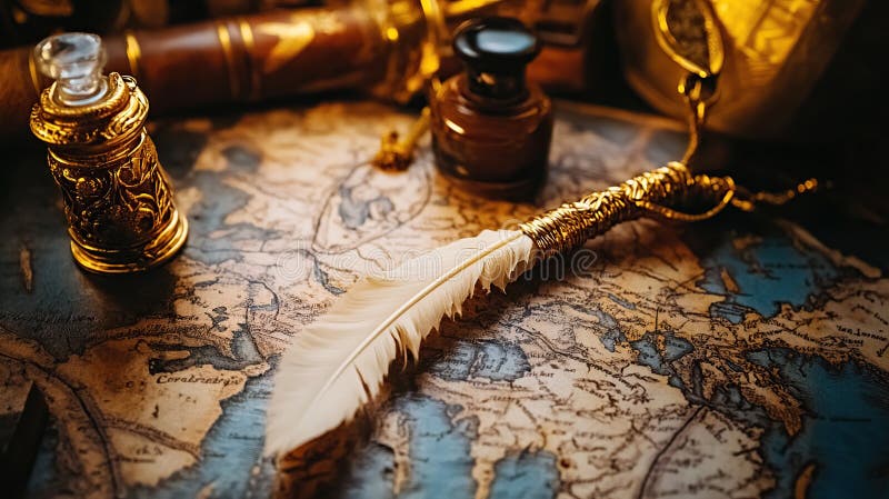 Quill Pen on Antique Map, Desk, Adventure, Exploration, History Stock ...